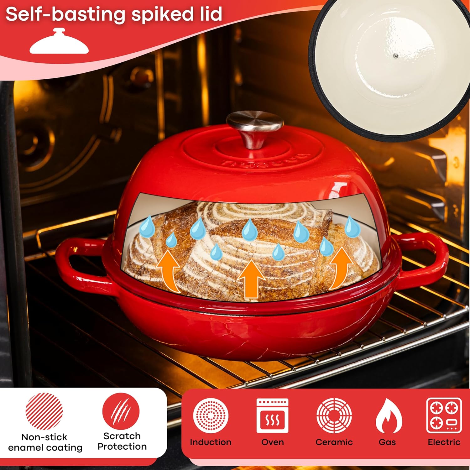 Enamelled Cast Iron Dutch Oven Bread Pot, 5.6L - 26cm (Multiple Colour ...