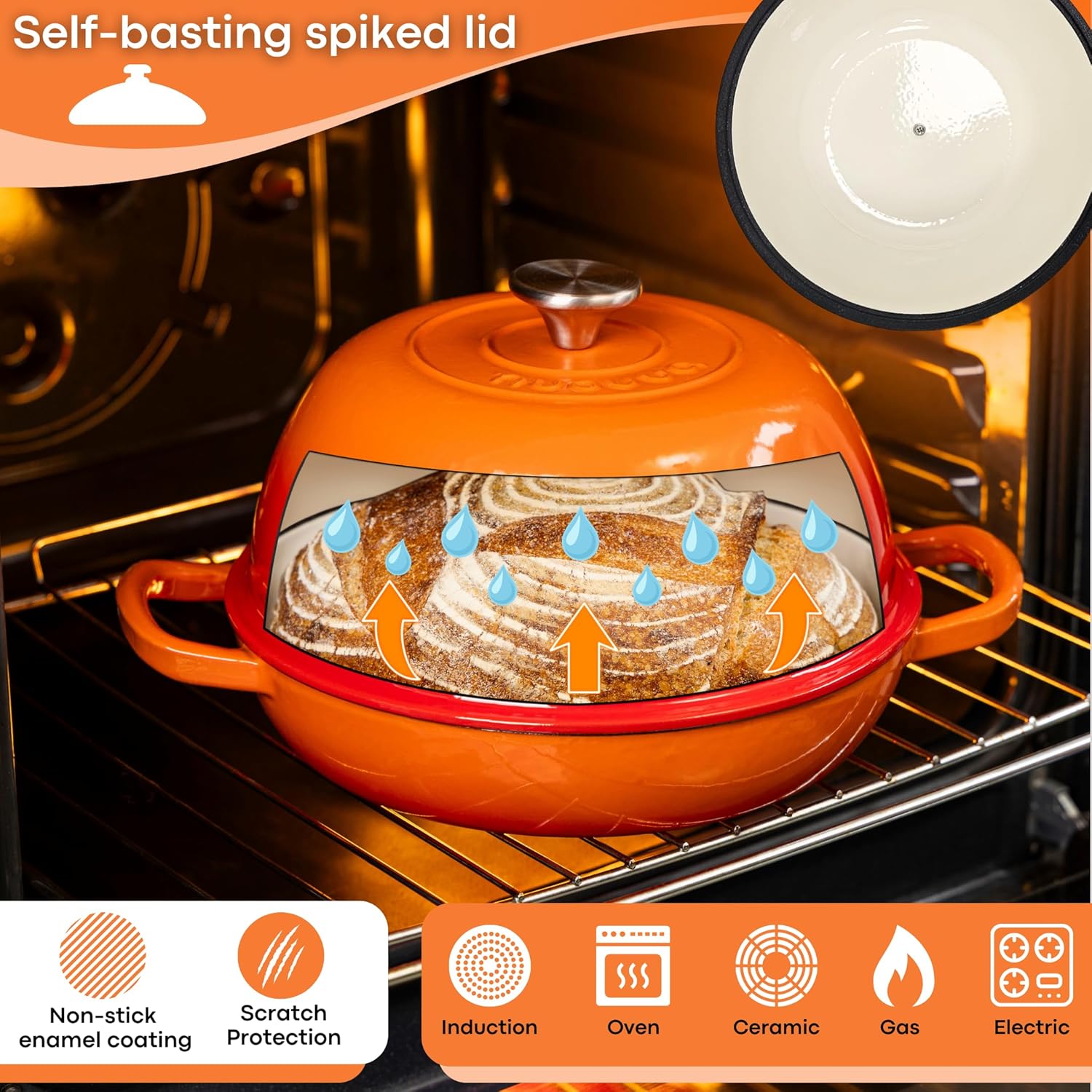 Orange Enamelled Cast Iron Dutch Oven Bread Pot - 5.6 Lite - 26cm, by ...