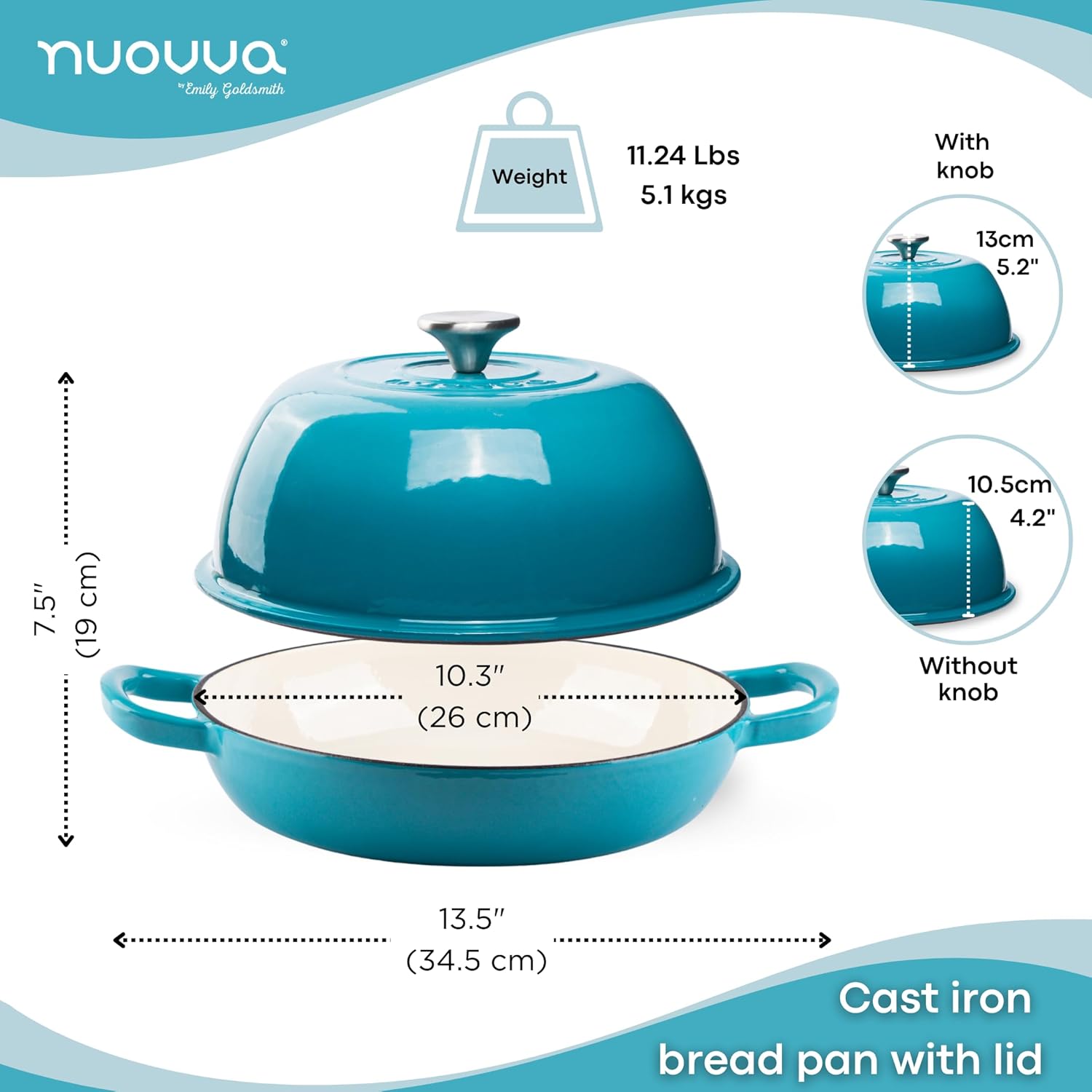 Light Blue Enamelled Cast Iron Dutch Oven Bread Pot - 5.6 Lite - 26cm ...